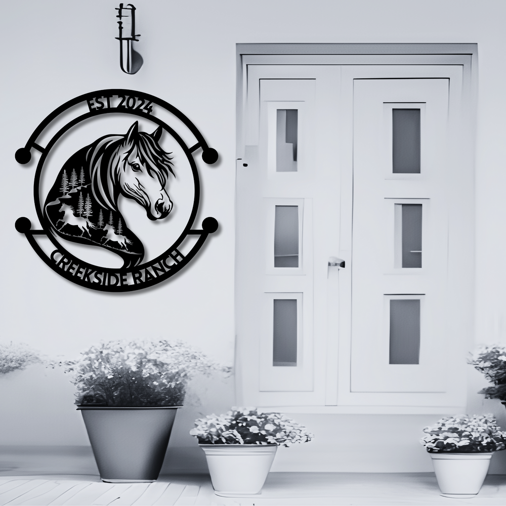 Custom Metal Horse Wall Art - Family Name Sign with House Numbers, Sty