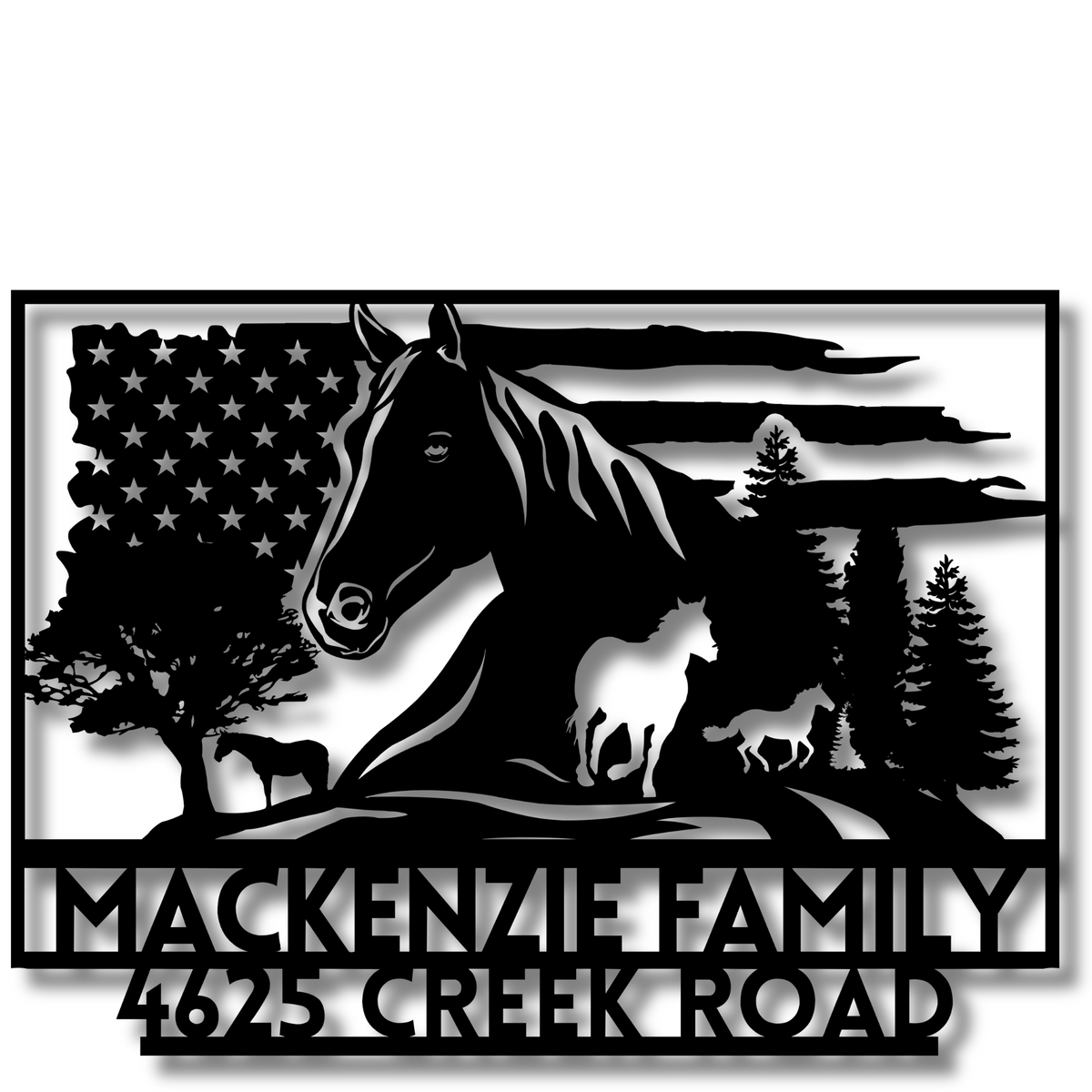 Custom Metal Horse Wall Art - Personalized Family Name Sign with House
